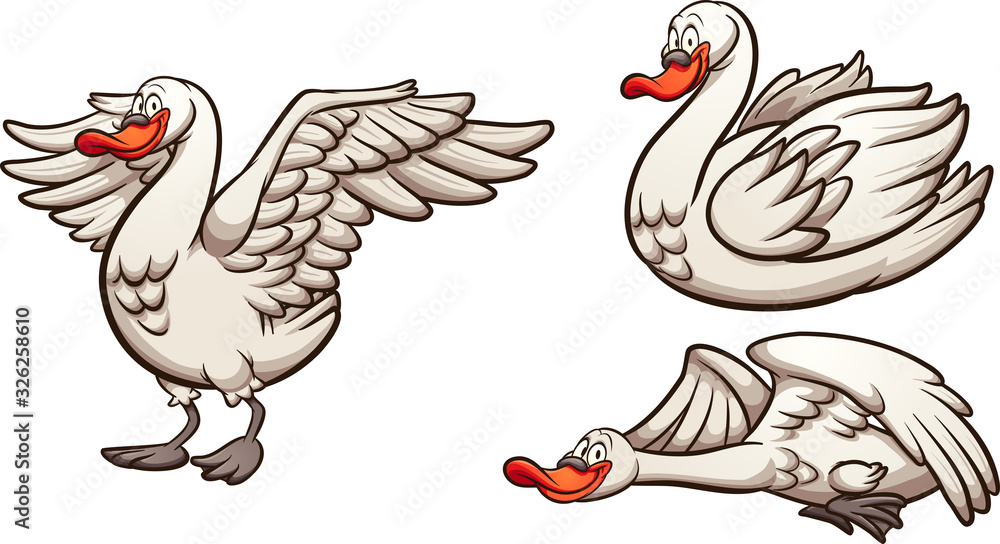 Cartoon swan in different flying standing and swimming. Vector cartoon ...