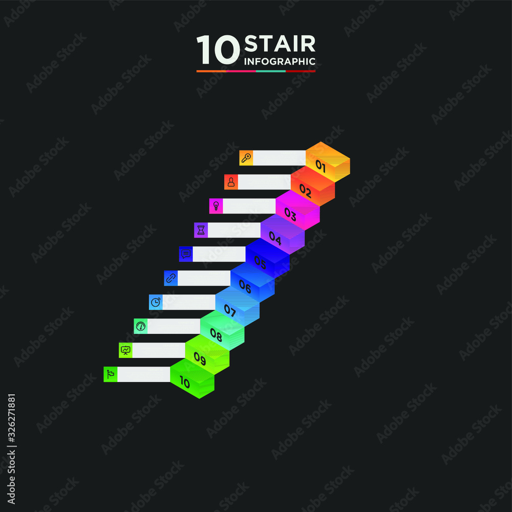 10 stair step timeline infographic element. Business concept with ten options and number, steps ...
