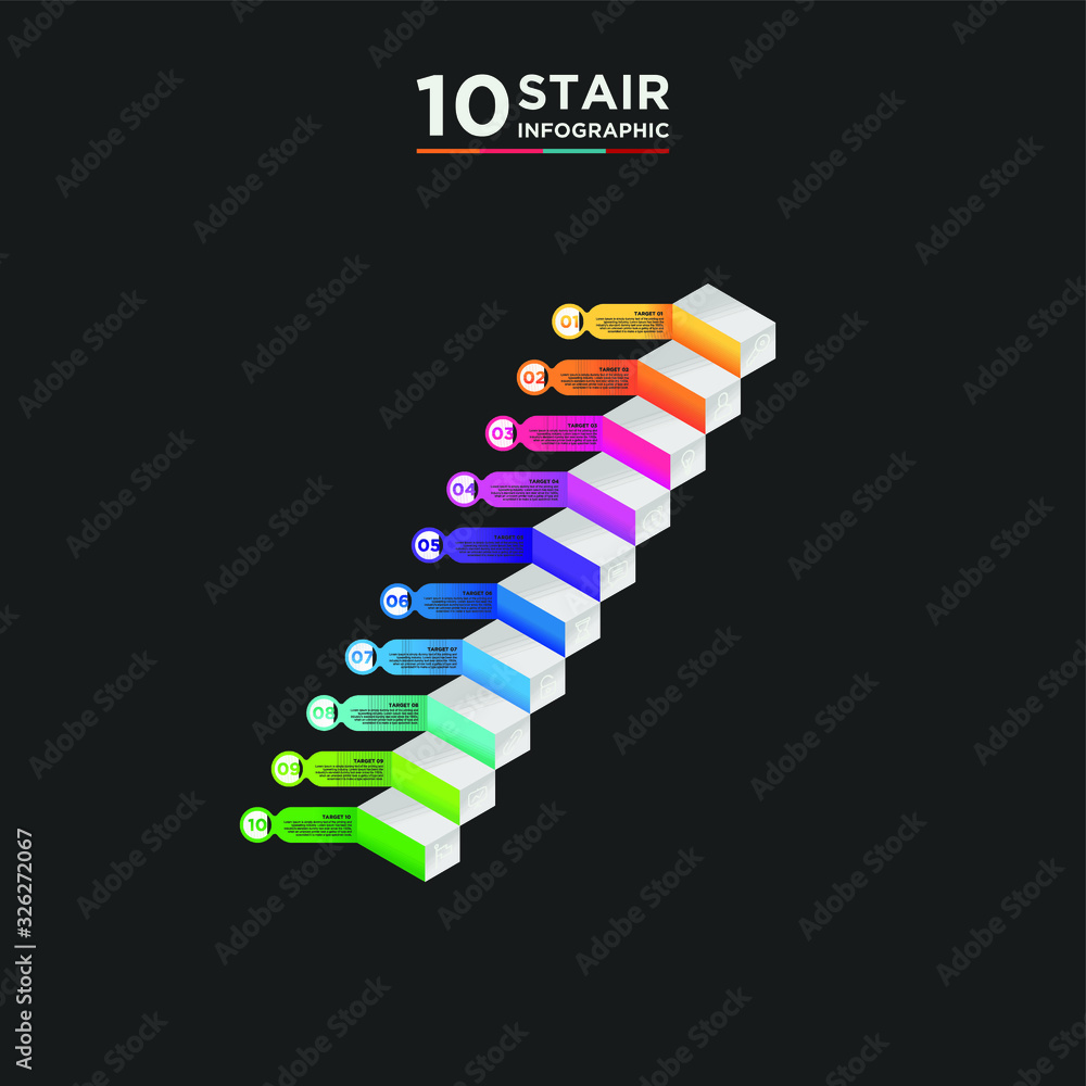 10 stair step timeline infographic element. Business concept with ten ...