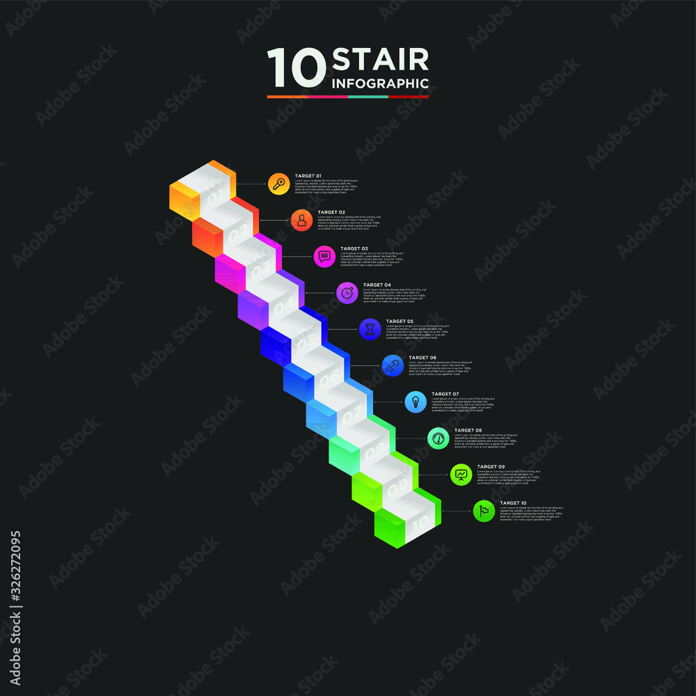 10 stair step timeline infographic element. Business concept with ten ...