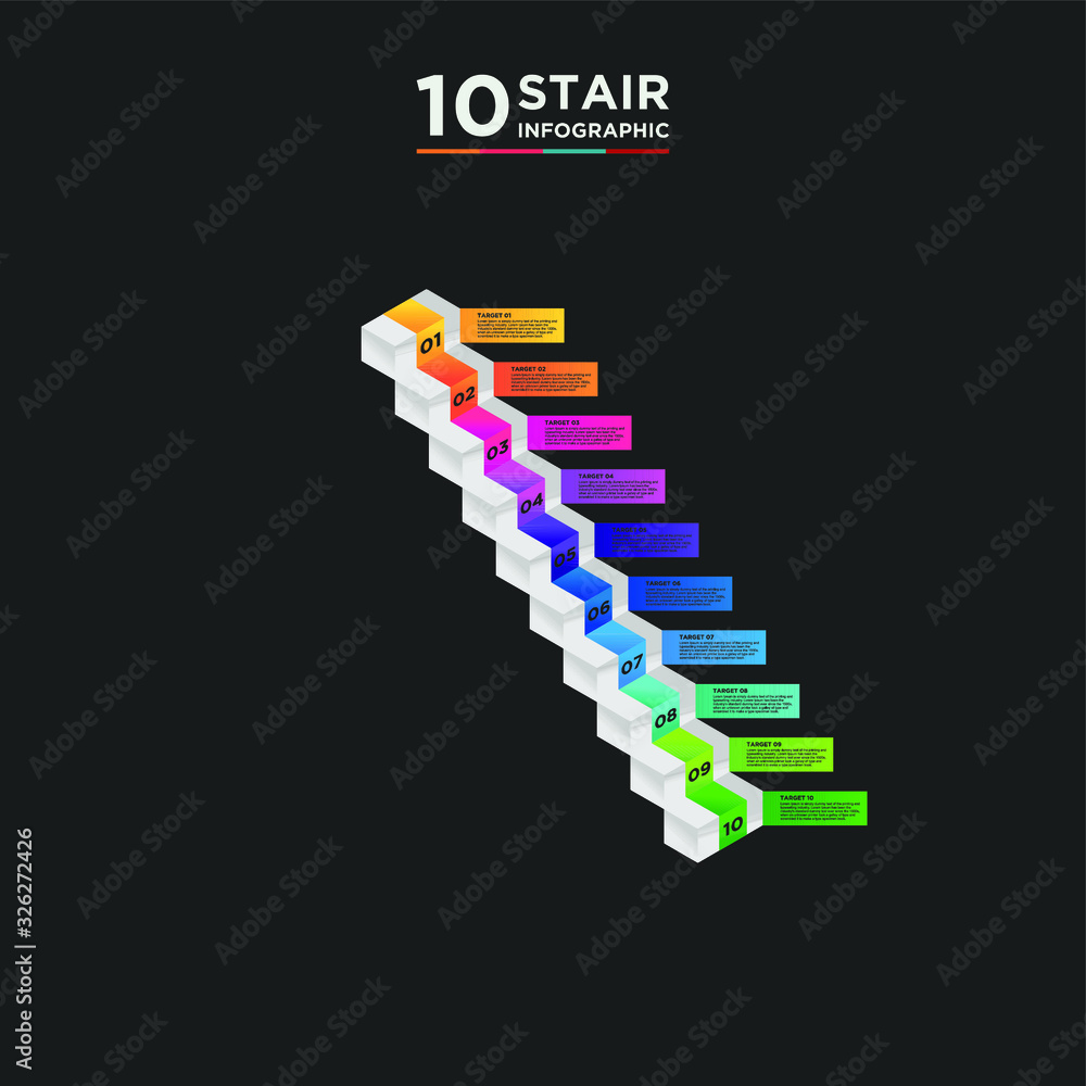10 stair step timeline infographic element. Business concept with ten ...