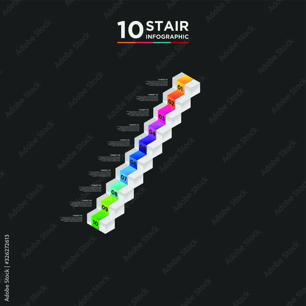 10 stair step timeline infographic element. Business concept with ten ...