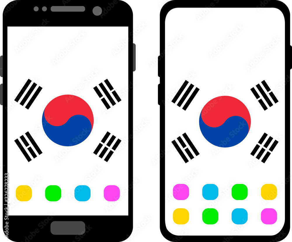 Two black smartphones with a home screen and wallpaper with the flag of ...