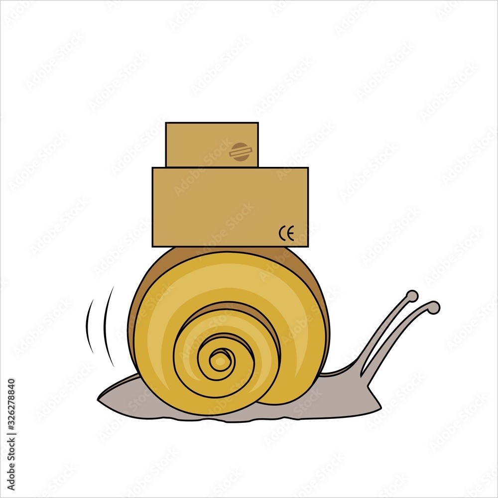 Snail Carries A Cart With Boxes, Side view. Slow Delivery. Signs on ...