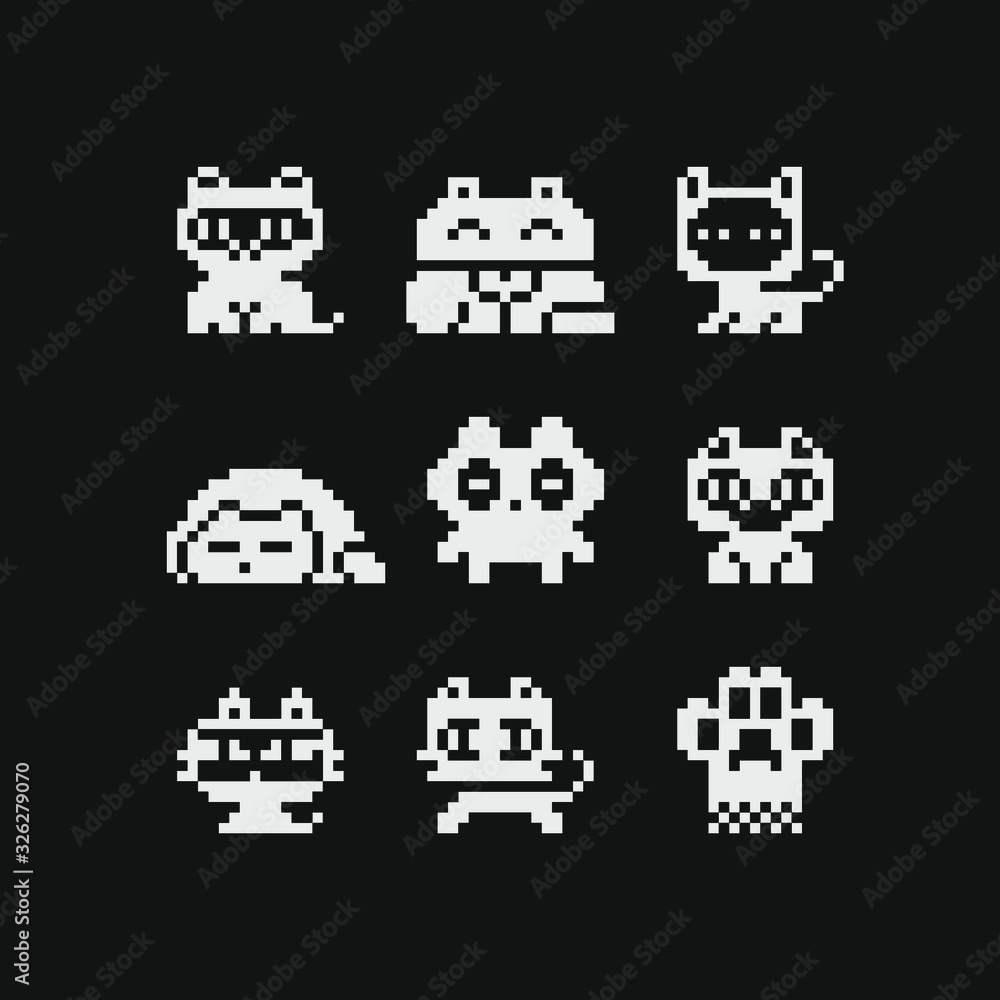 Cute cats pixel art icons set, cat characters heads and cat's paws ...