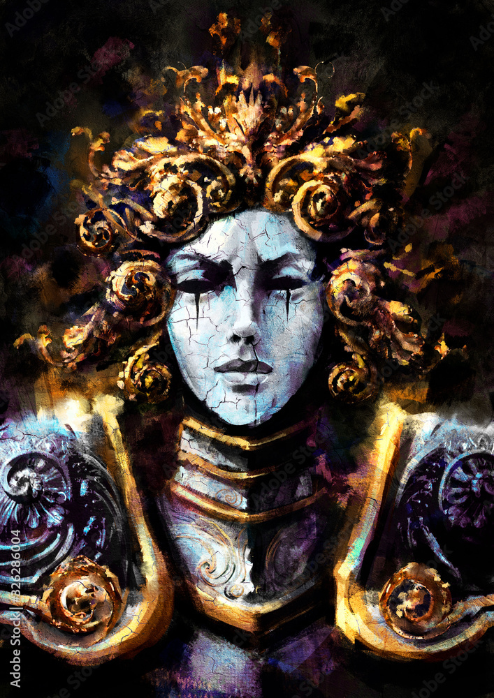 The statue of a woman in armor, wearing a strange marble mask decorated with many highly ...