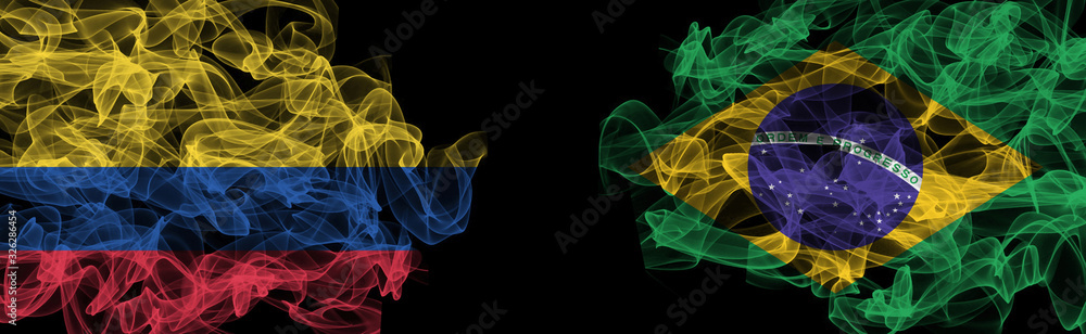 Flags of Colombia and Brazil on Black background, Colombia vs Brazil ...