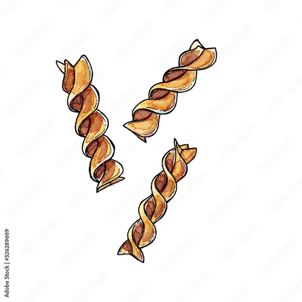 Hand drawn watercolor sketch illustration of Pasta Fusilli isolated on ...
