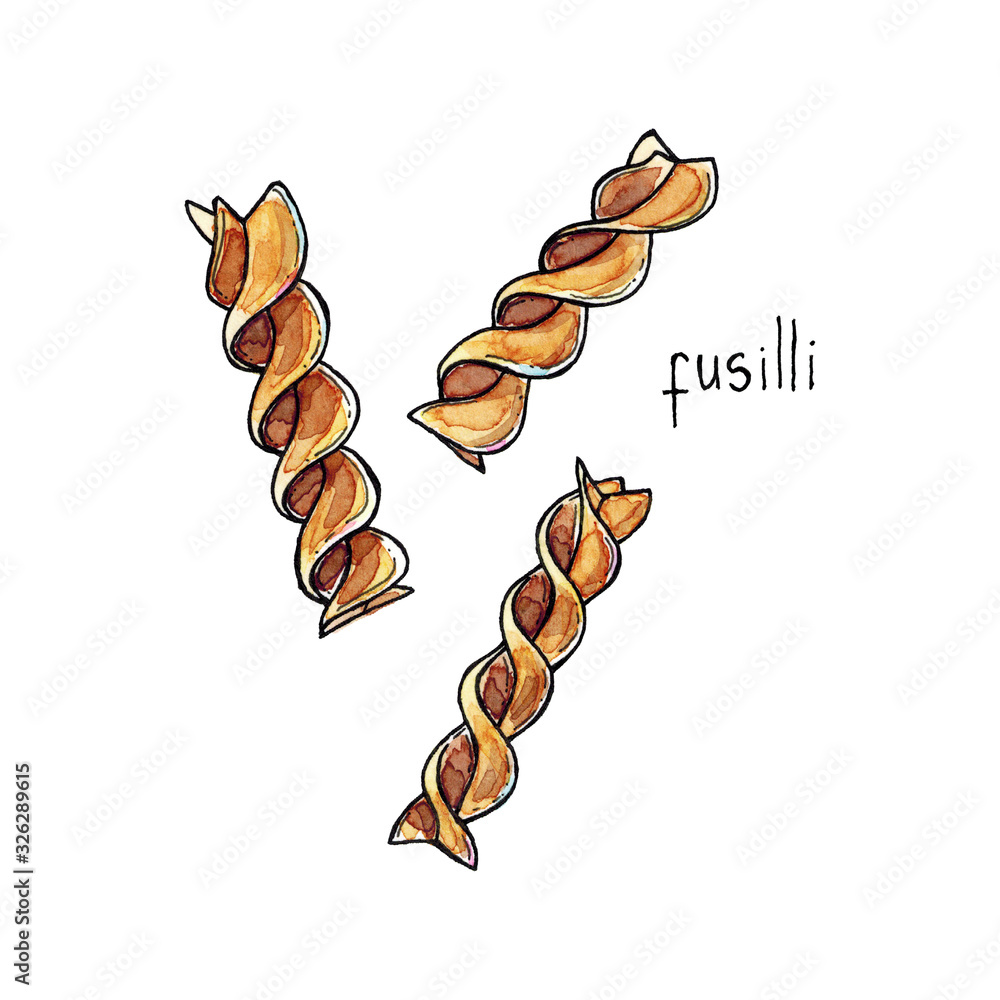 Hand drawn watercolor sketch illustration of Pasta Fusilli with ...