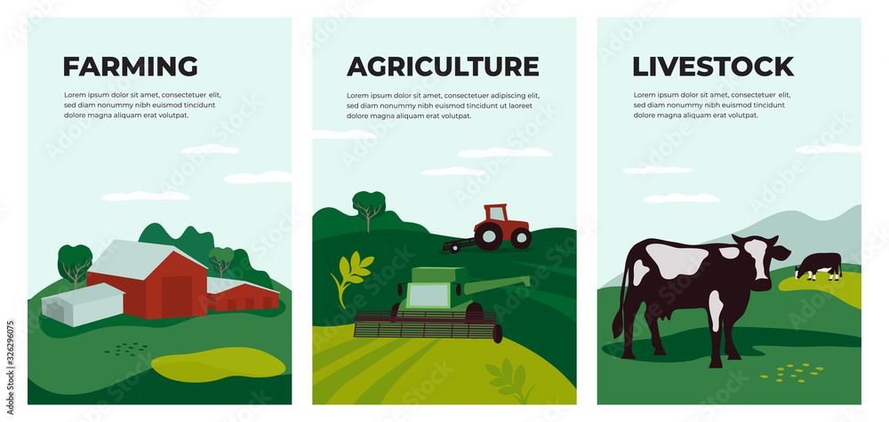 Vector illustrations of agriculture, farming and livestock. Posters ...