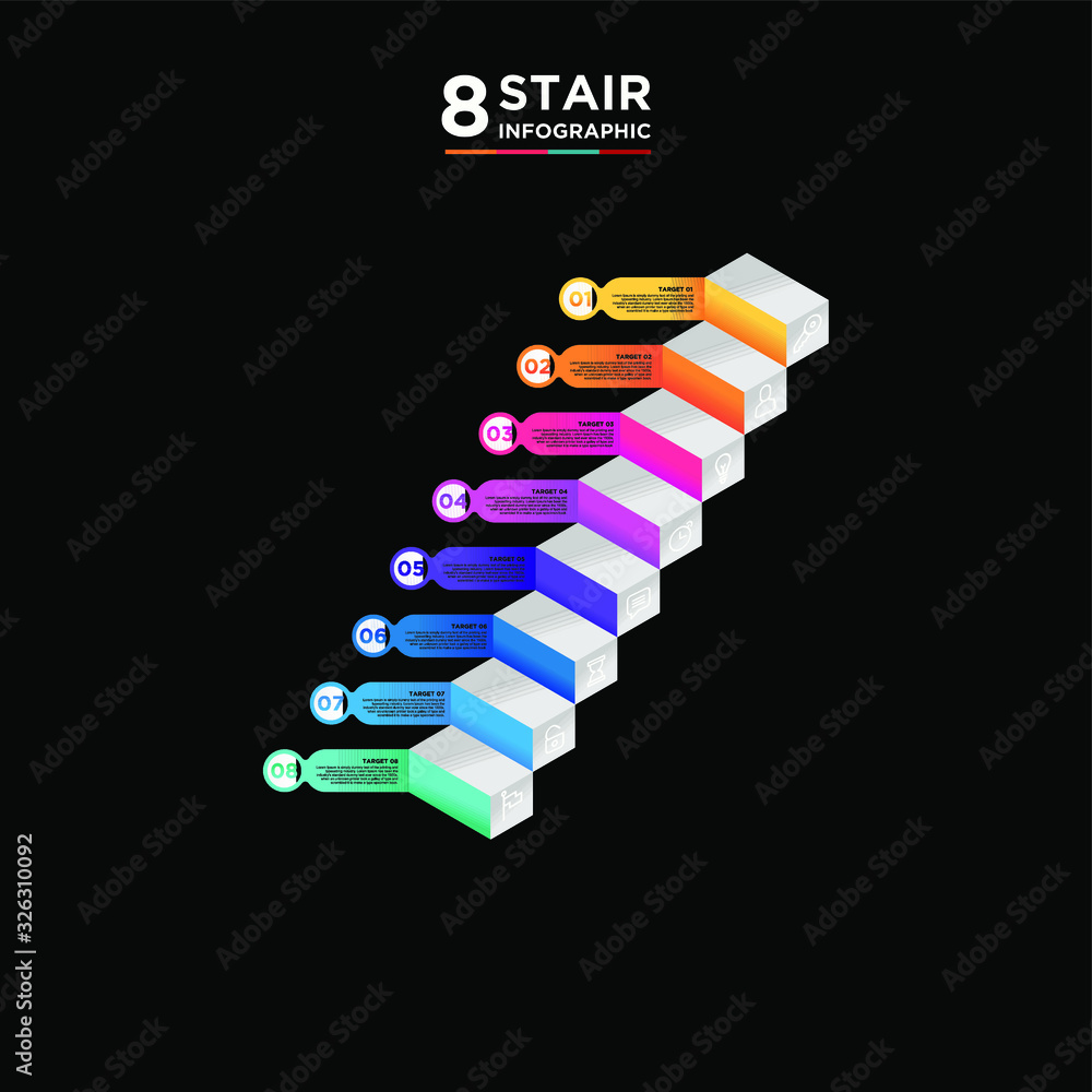 8 stair step timeline infographic element. Business concept with eight ...