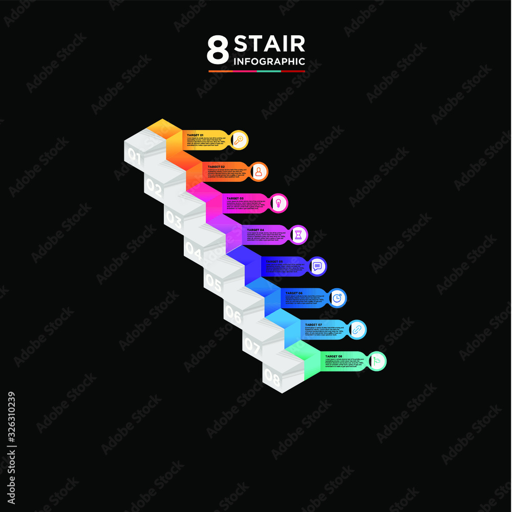 8 stair step timeline infographic element. Business concept with eight ...