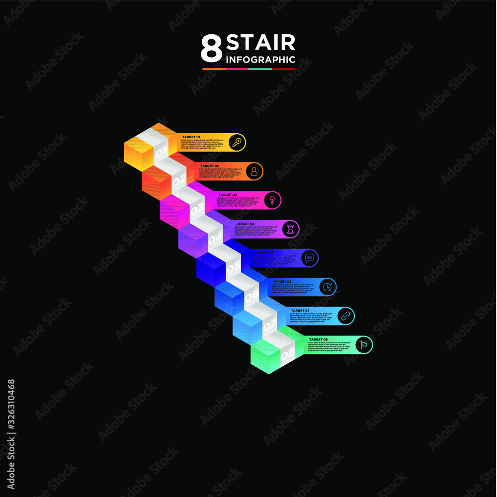 8 stair step timeline infographic element. Business concept with eight ...