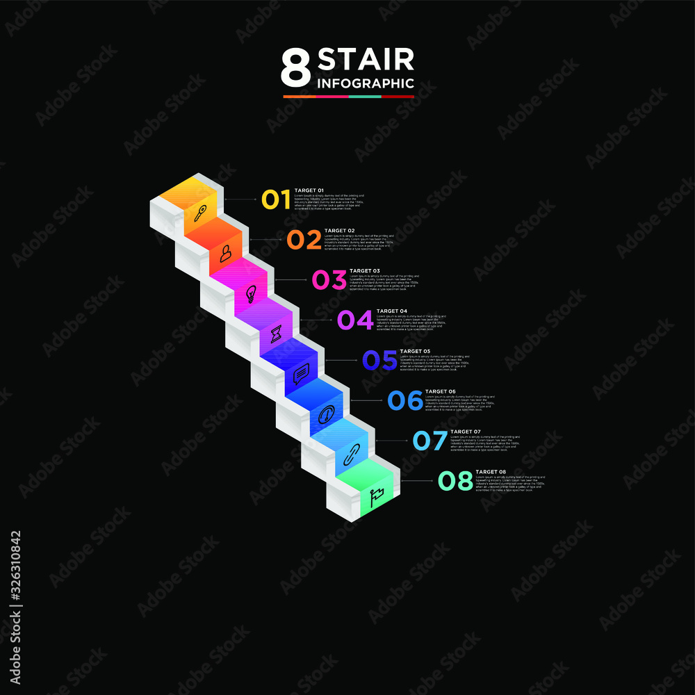 8 stair step timeline infographic element. Business concept with eight ...