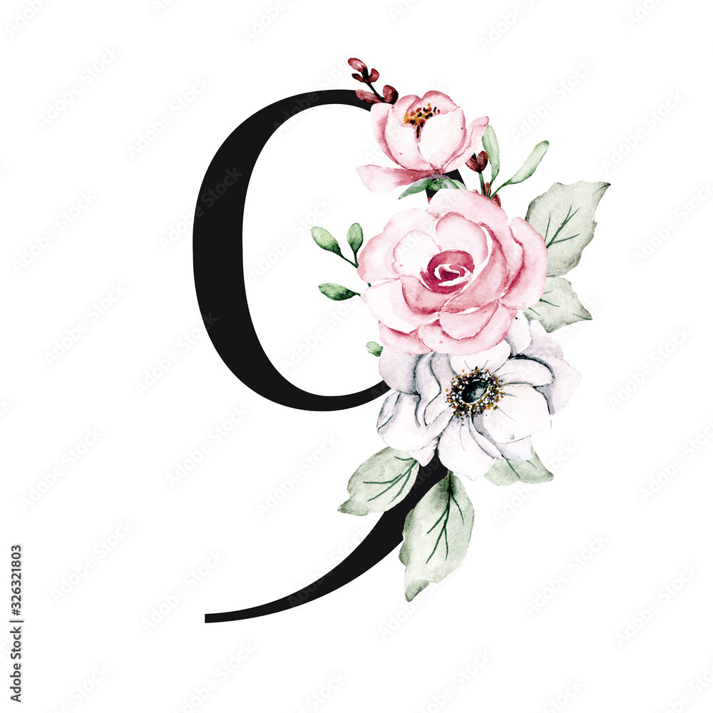 9 number with watercolor flowers and leaf. Perfectly for wedding ...