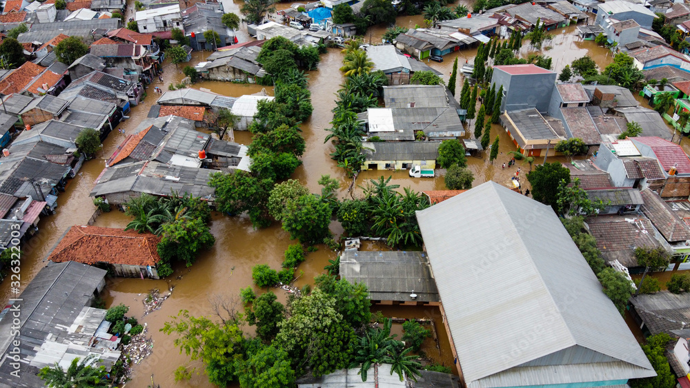 Aerial POV view Depiction of flooding. devastation wrought after ...