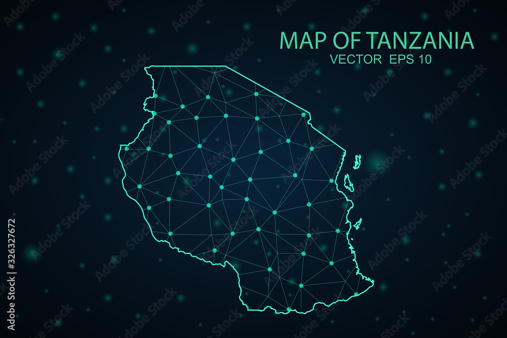 Map of Tanzania. Wire frame 3D mesh polygonal network line, design ...