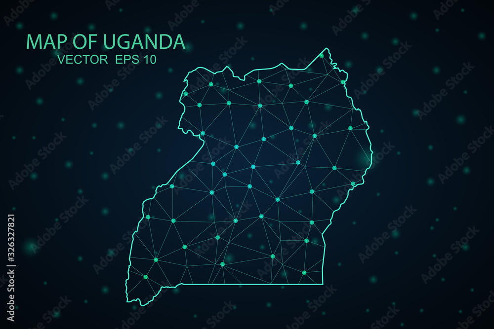 Map of Uganda. Wire frame 3D mesh polygonal network line, design sphere ...