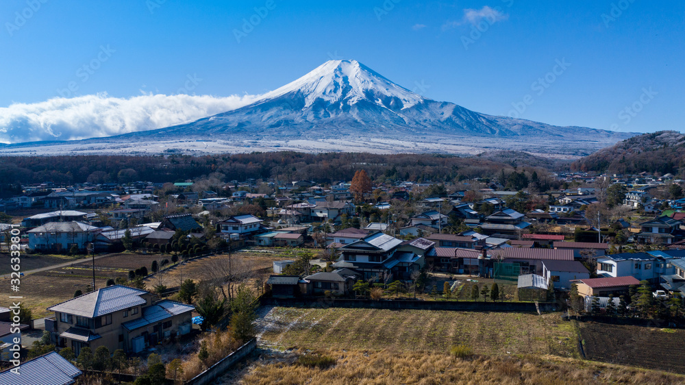 Aerial view of scenic Japanese village Oshino Hakkai in late Autumn ...