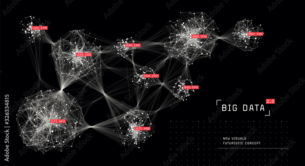 Big data concept visualization. Distributed network. Social media graph. Information clustering ...