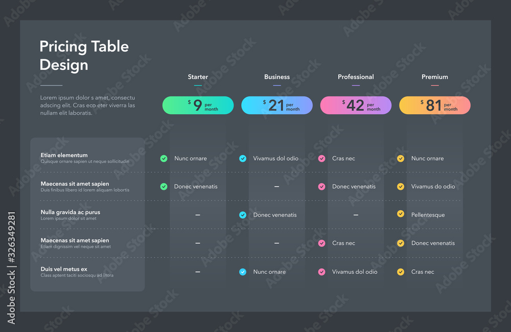 Modern pricing table design with four colorful subscription plans ...