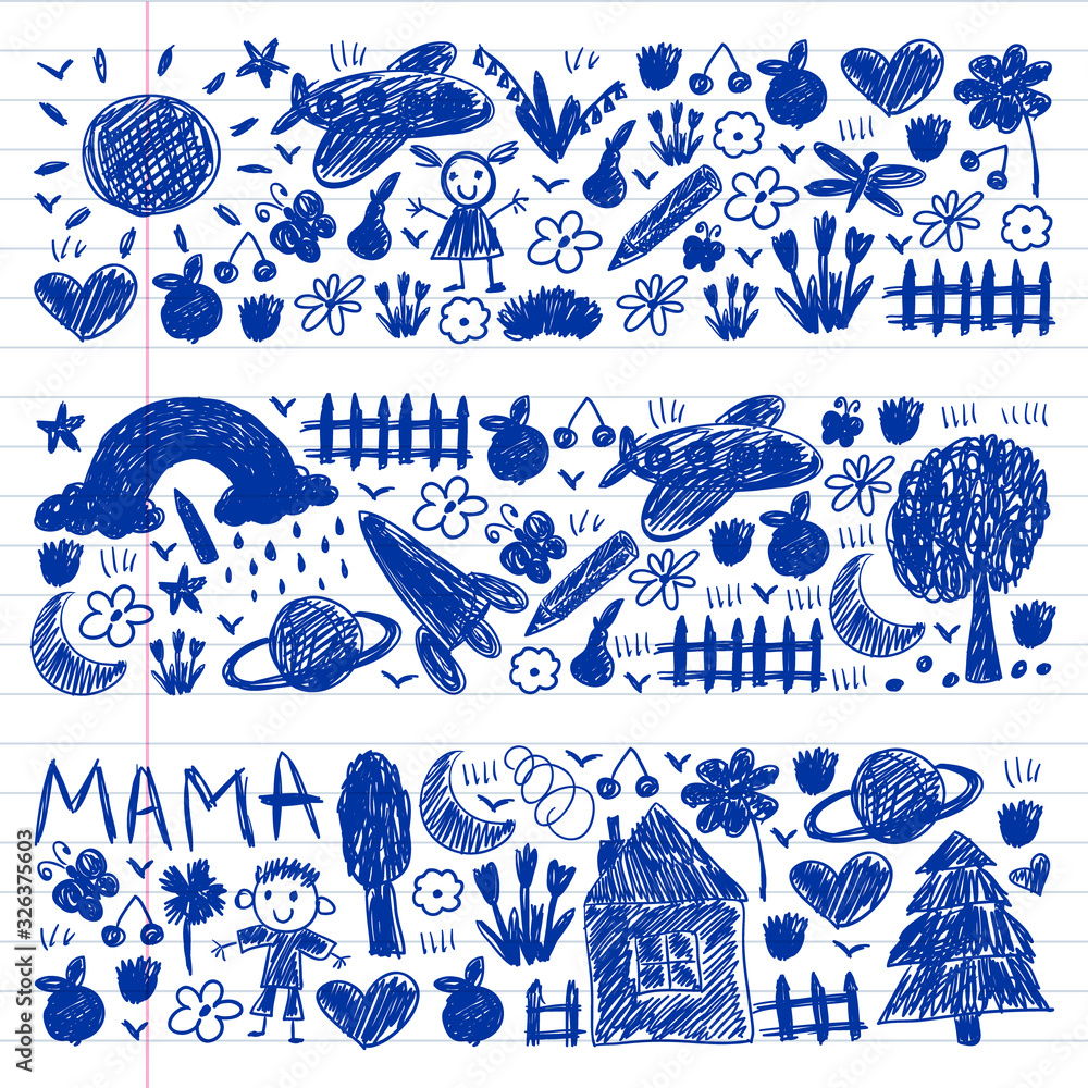 Kindergarten pattern with funny kids drawing. Vector illustration ...