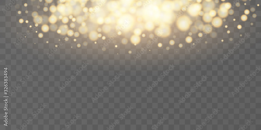 Golden particles glow light effect. Glowing yellow powder splash ...