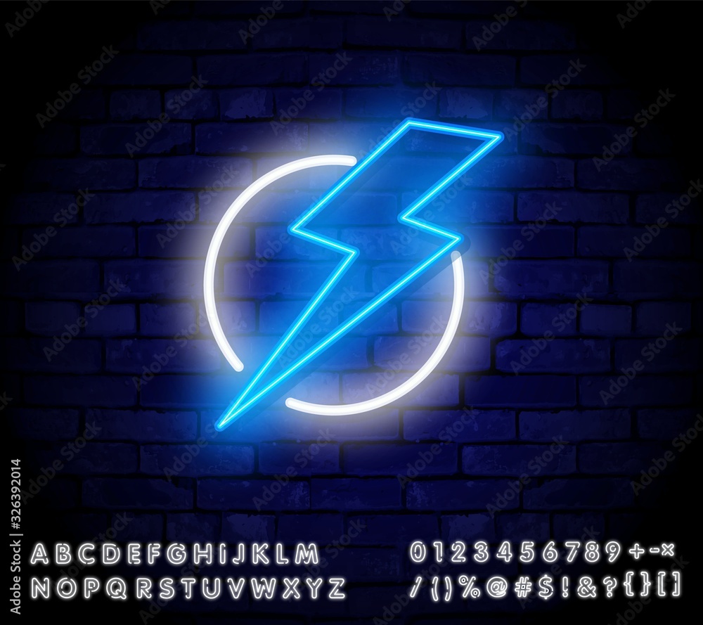 Neon sign of lightning signboard on the blue background. Vector ...