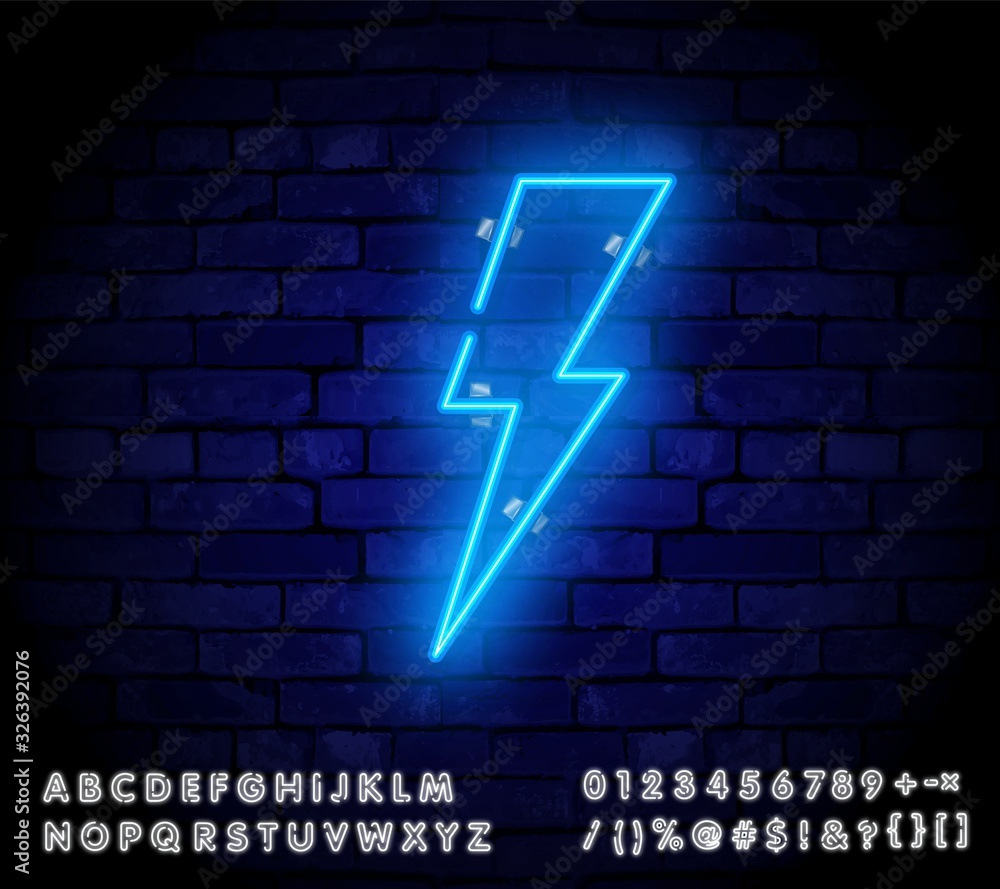 Neon sign of lightning signboard on the blue background. Vector ...