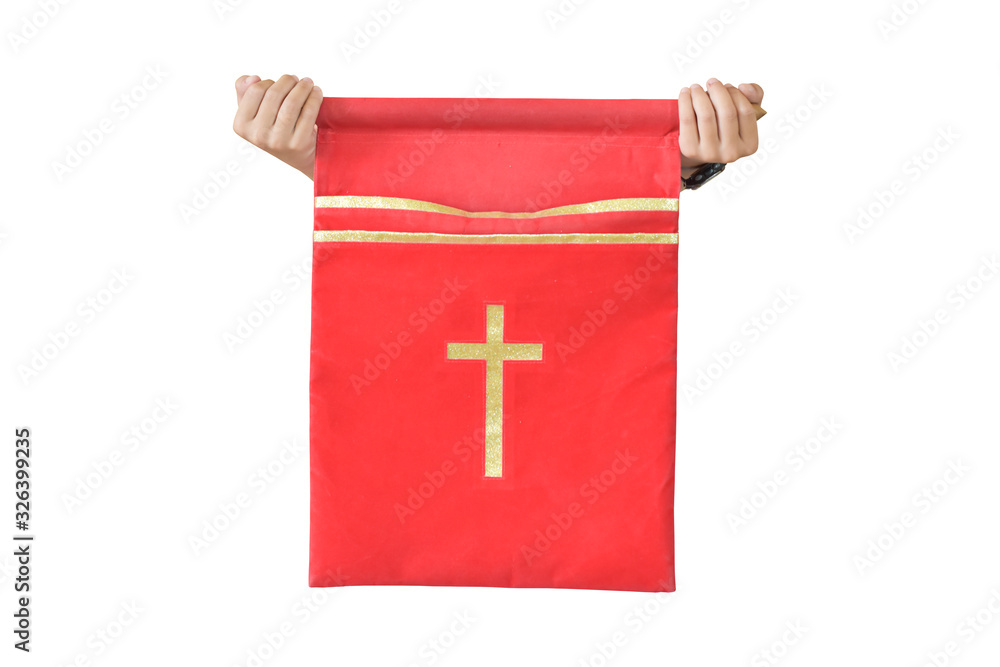 Hand holding offering bag in church for collecting tithing. Isolated on ...