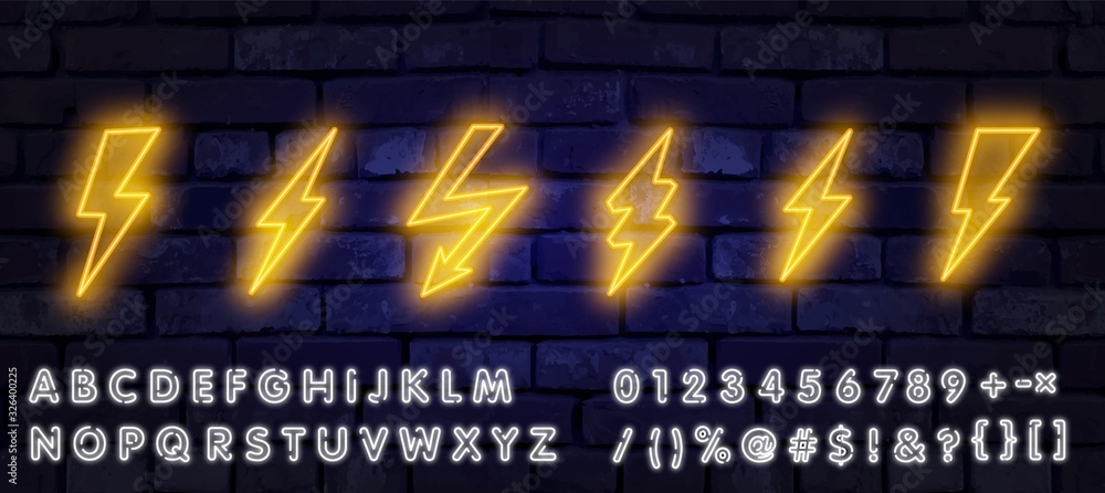 Big Neon set of lightning bolt. Glowing electric flash sign ...