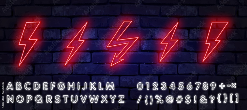 Big Neon set of lightning bolt. Glowing electric flash sign ...