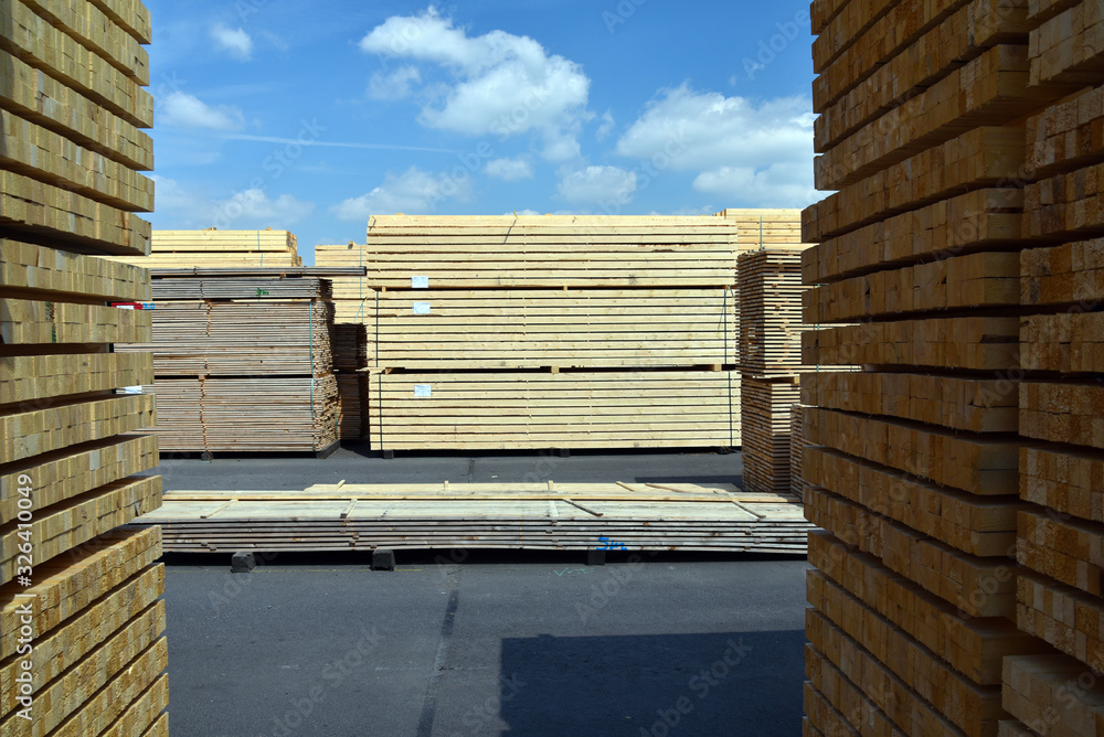 Timber mill/ sawmill: storage of planed wooden boards Stock Photo ...