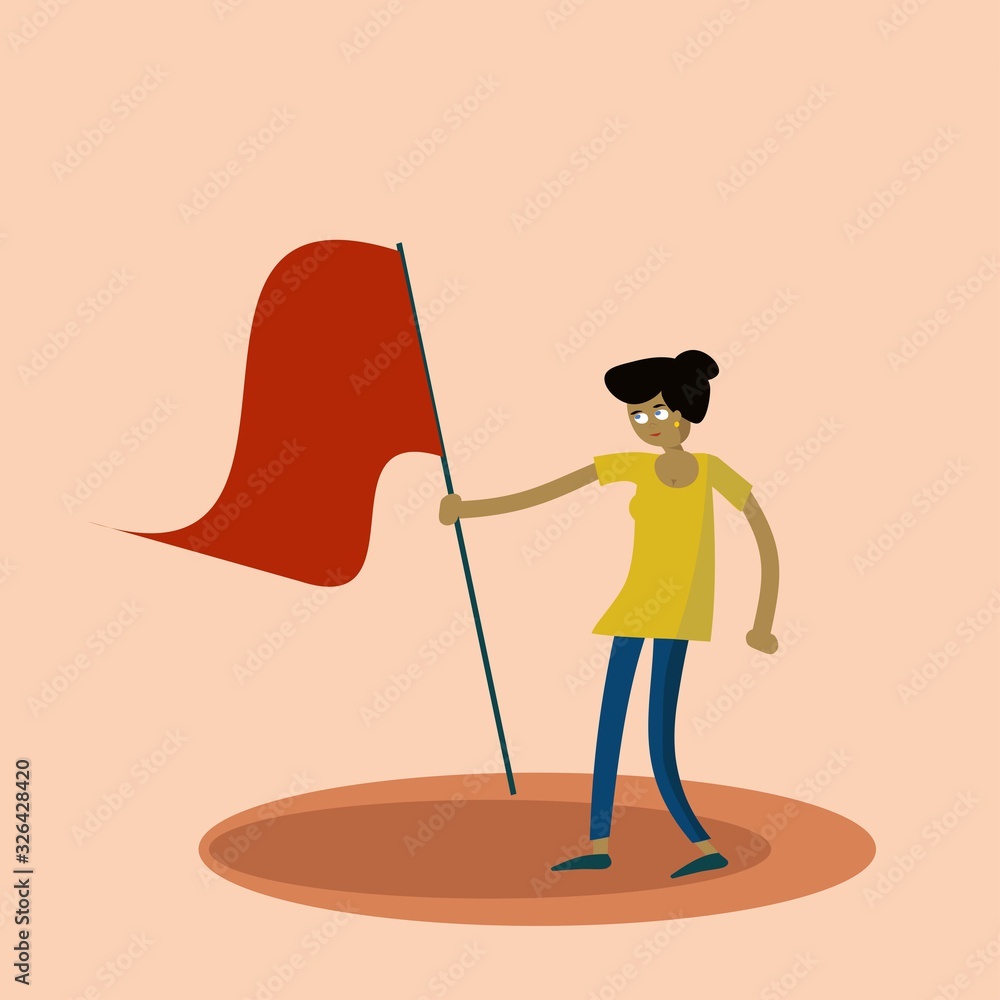 young girl in yellow clothes waving a red flag Stock Illustration ...