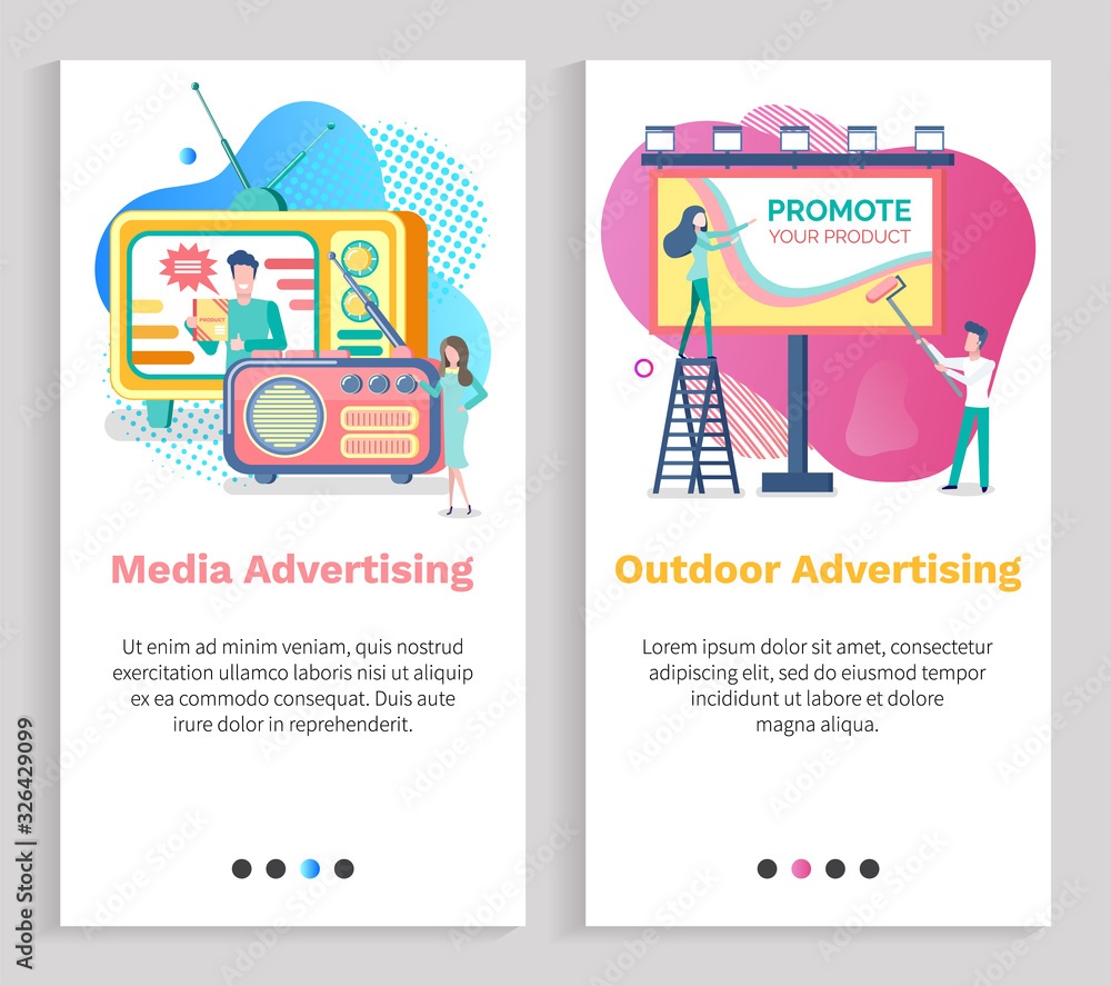 Media advertising vector, outdoor advertisement woman on ladder with ...