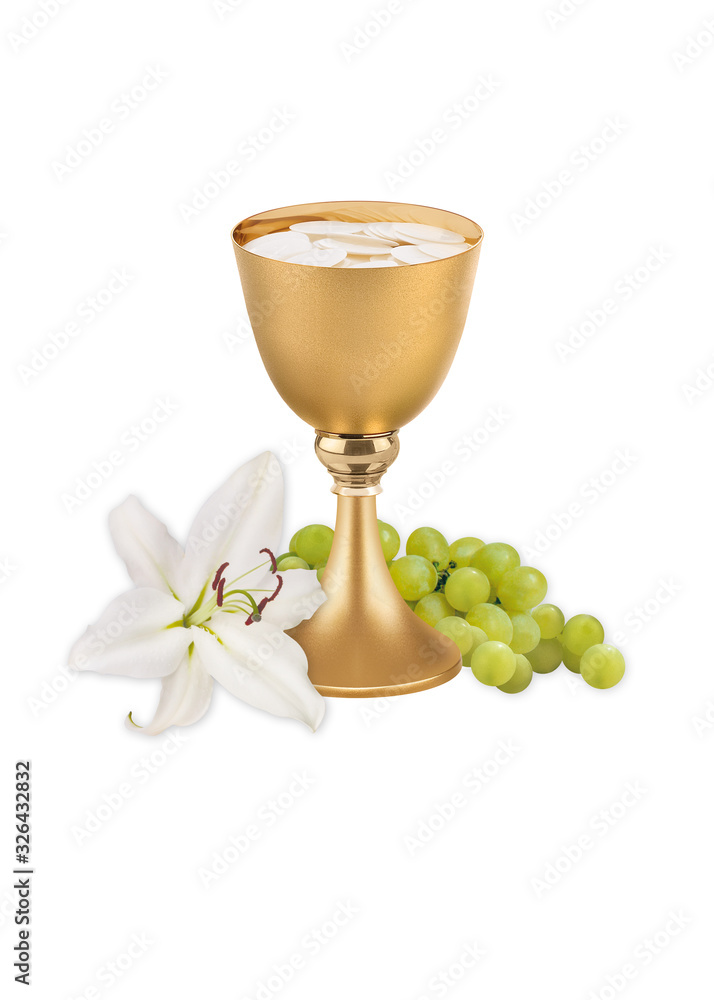 First holy communion. Gold chalice with communion, lilly and winegrape ...