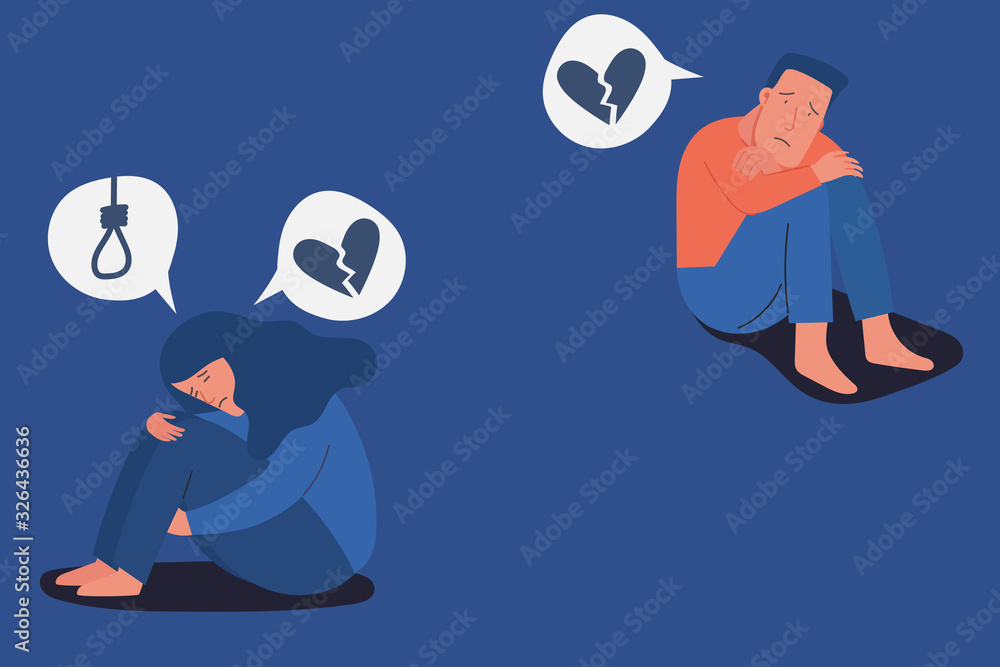 unhappy and sad young couple in depression sitting and hugging knees ...