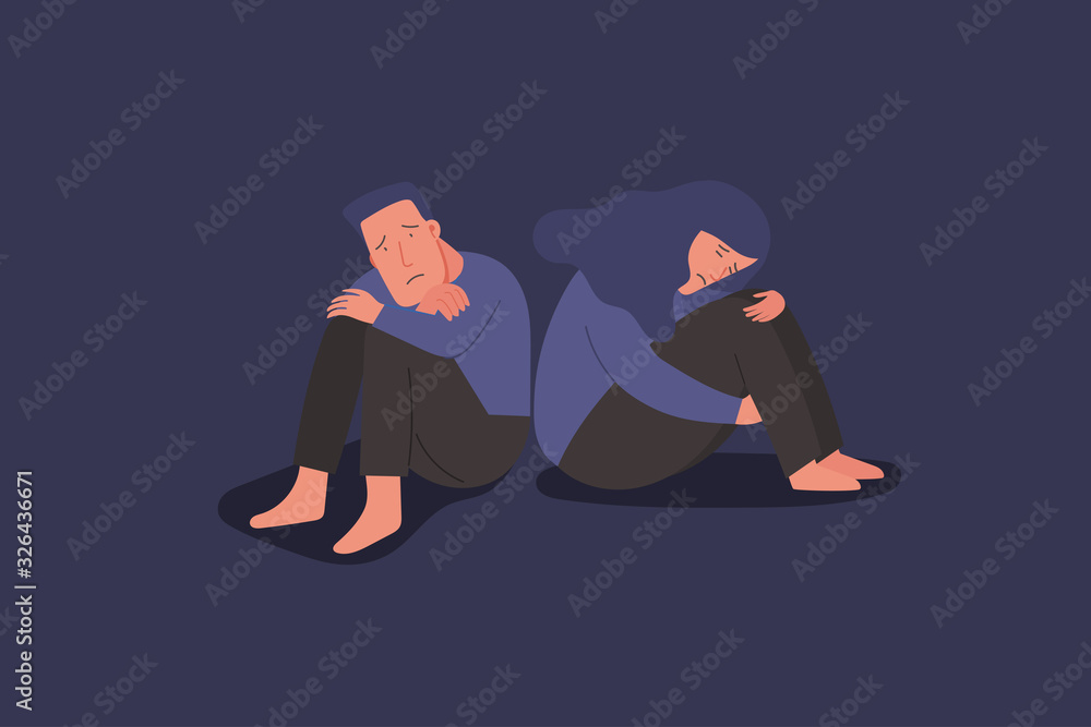 unhappy and sad young couple, man and woman in depression sitting and ...