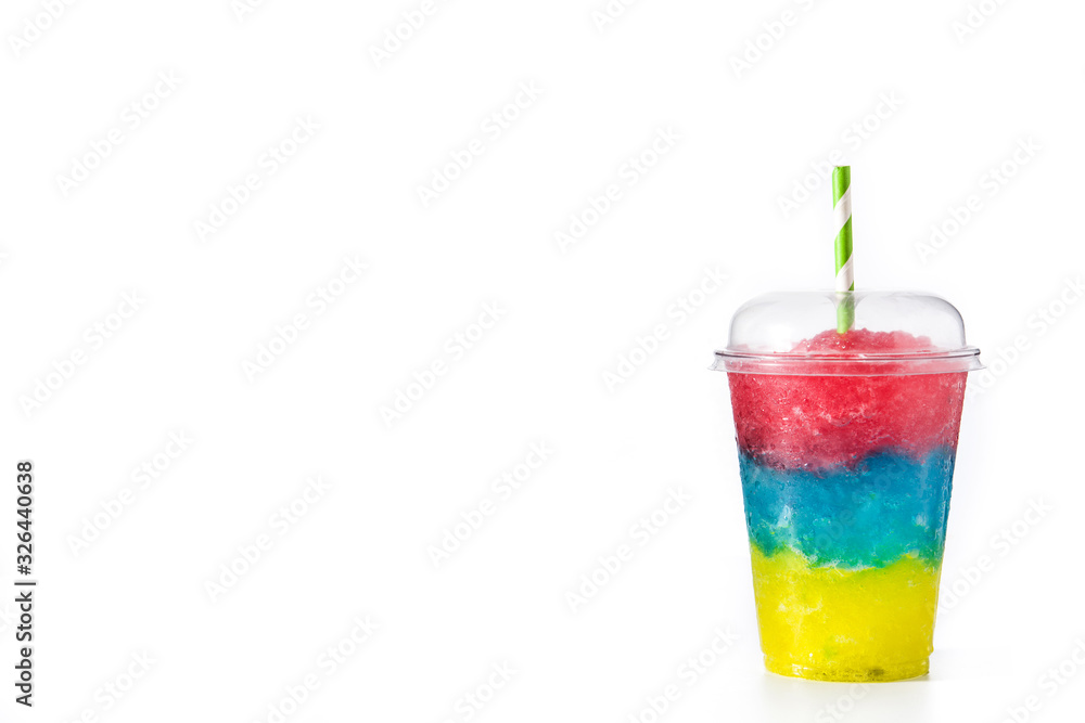 Colorful slushie of differents flavors with straw in plastic cup ...