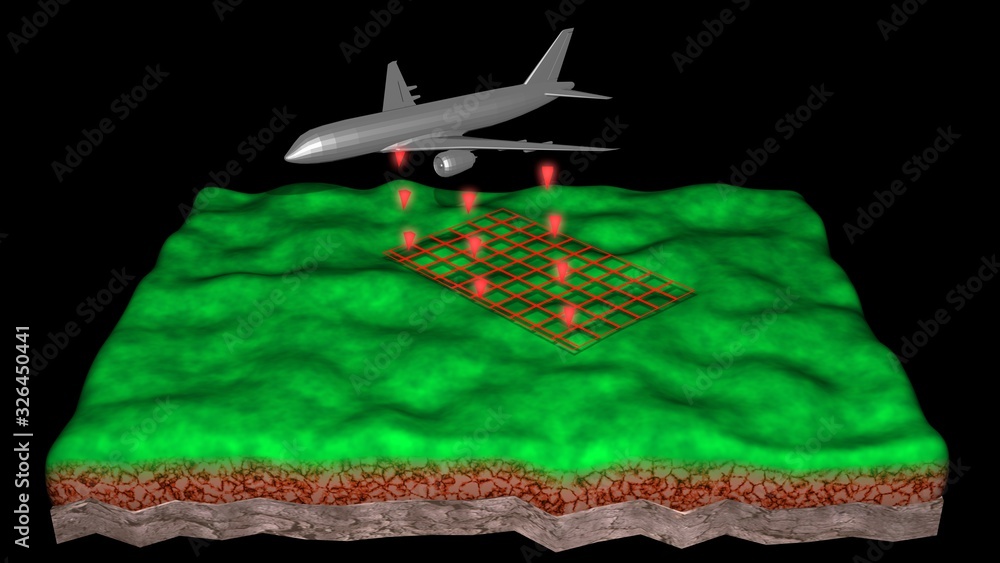 LIDAR on airplane in sky flies over mountains , scanning land terrain ...