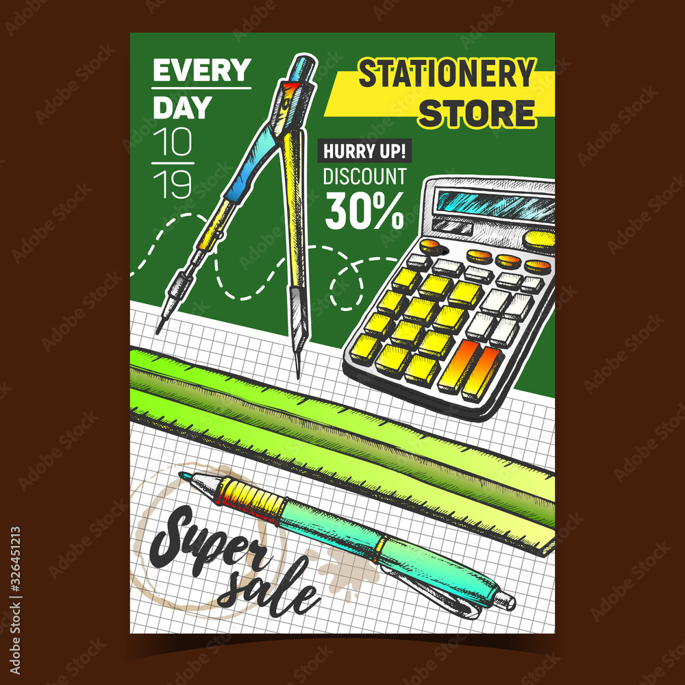 Stationery Store Sale Advertising Poster Vector. Stationery Compass ...