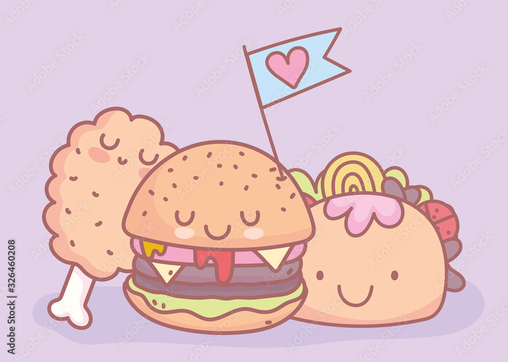 burger taco chicken leg character menu restaurant food cartoon Stock ...