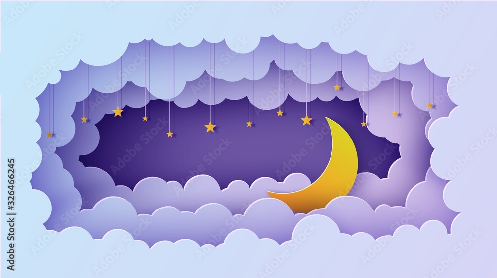 Night sky clouds rectangular frame with stars on rope and moon in paper ...