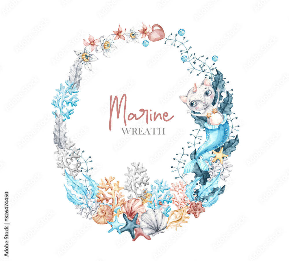 Watercolor nursery hand painted Marine seashell wreath with Cute little ...