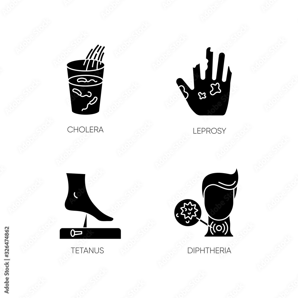 Endemic diseases black glyph icons set on white space. Cholera, leprosy ...