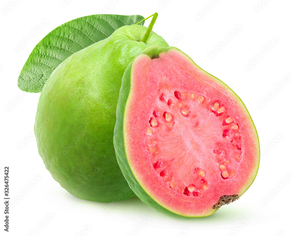 Isolated green guava with pink flesh. One whole fruit and a half ...