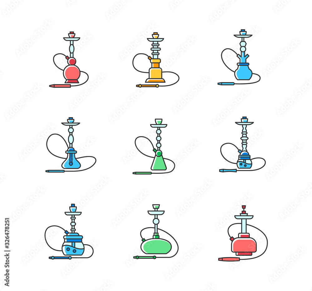 Hookah RGB color icons set. Shisha with wire. Sheesha house. Nargile ...