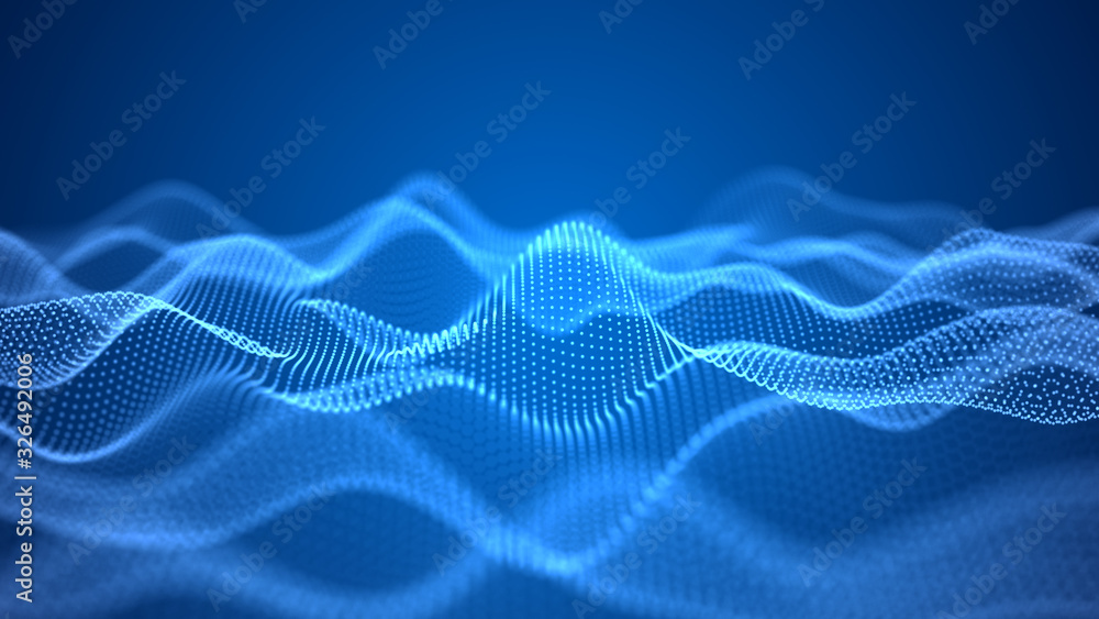 Digital dynamic wave of particles. Abstract futuristic blue dots ...