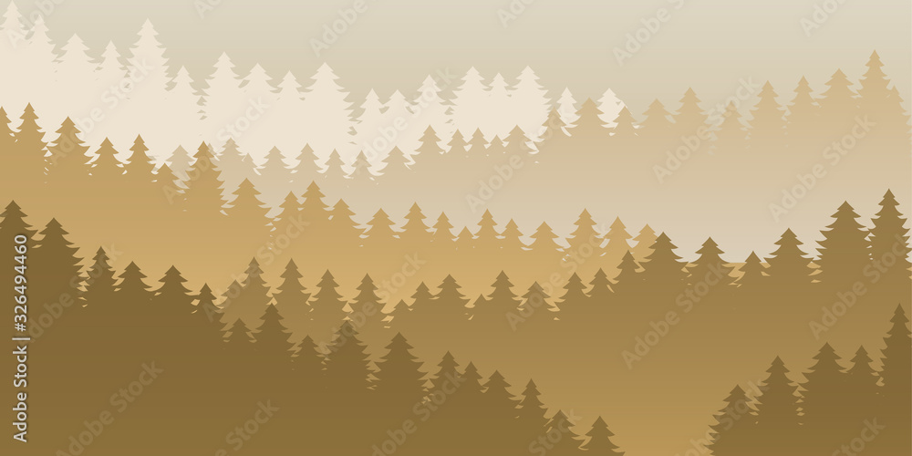 Mountain forest brown scenery vector background. Morning mist ...