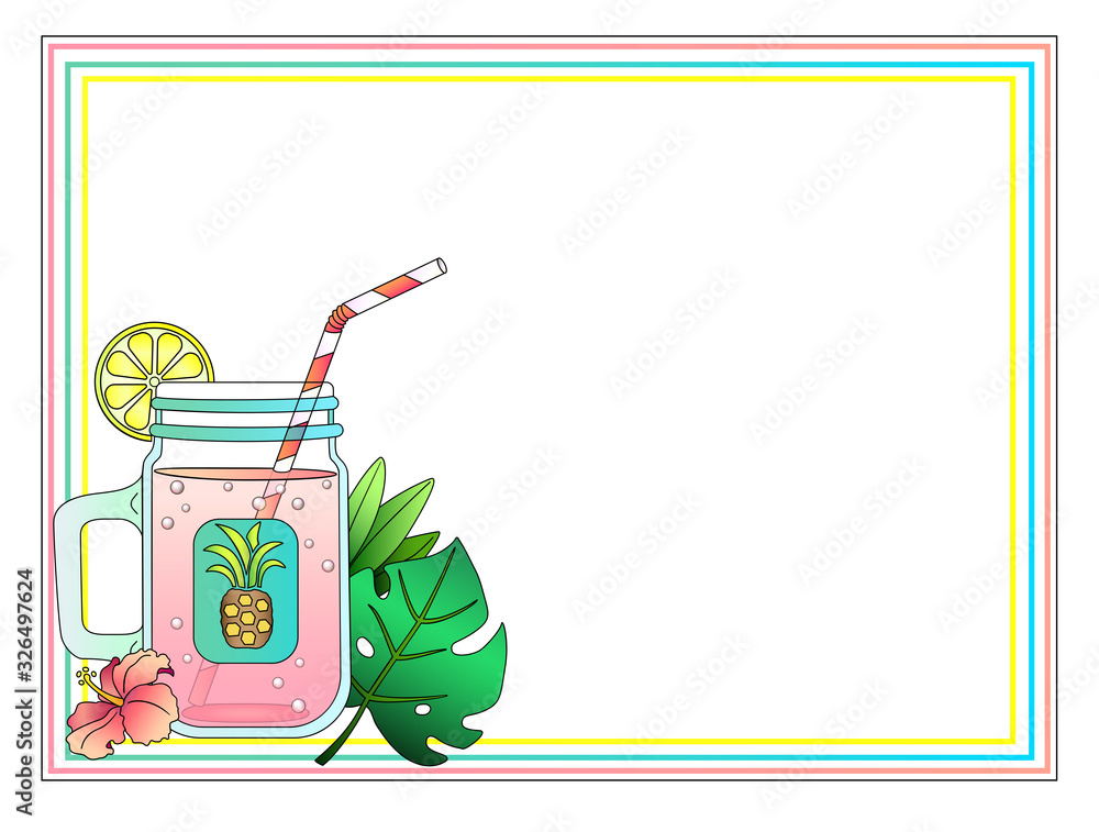 Horizontal multi-colored frame decorated with a drink in a jar with a ...